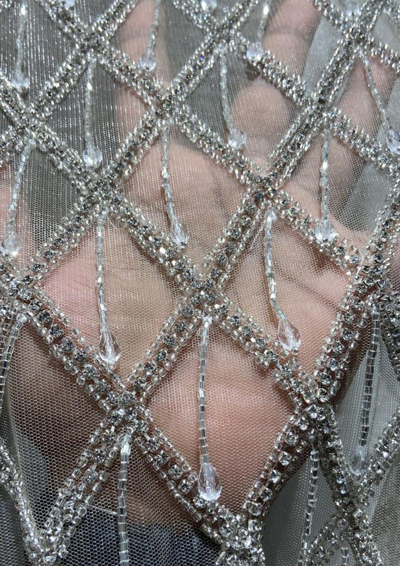 Silver Crystal Drop Sequin Beaded Net Fabric, Wedding Dress Luxury ...