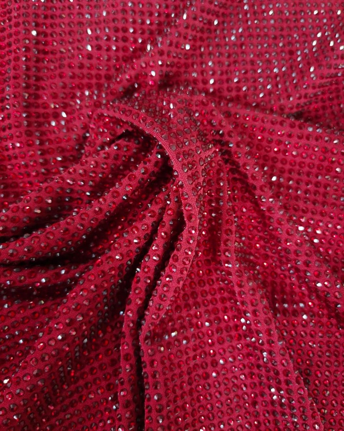 Luxury Ruby Red Fabric With Light Siam Crystals – Embellished Tulle for ...