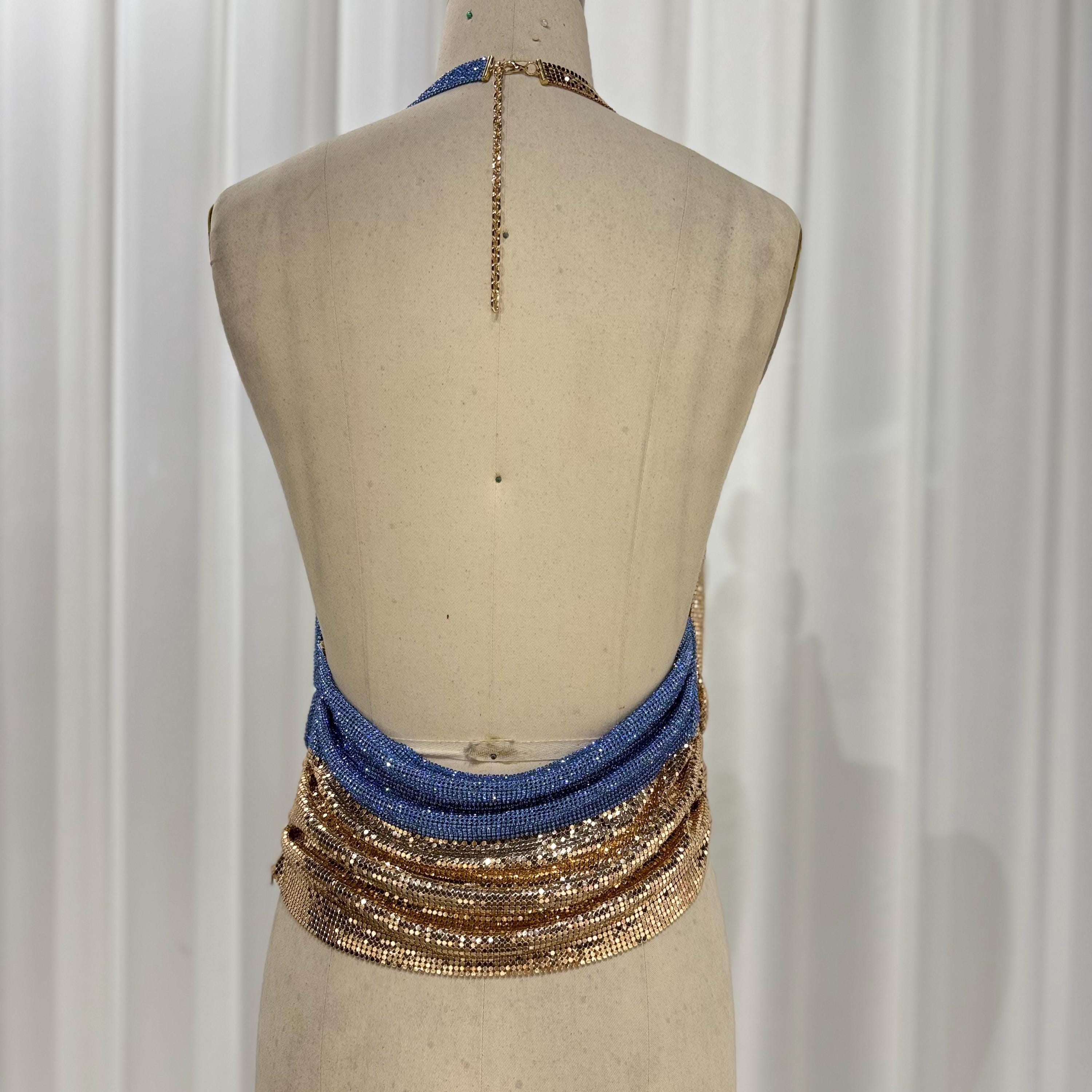 Light Gold and Sapphire Blue Chainmail Top - Metal Crystal Mesh Party ...