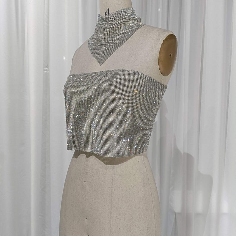 Handmade Rhinestone Mesh Crop Top With Bandana Necklace - Party ...