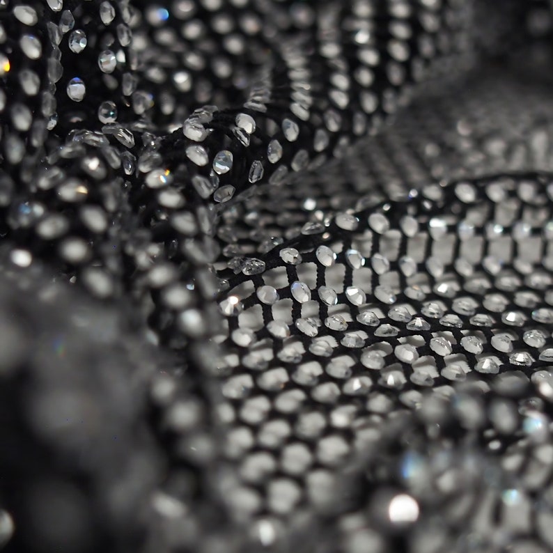 Rhinestone Silver Crystal in Black Fishnet 4way Stretch Fabric for ...