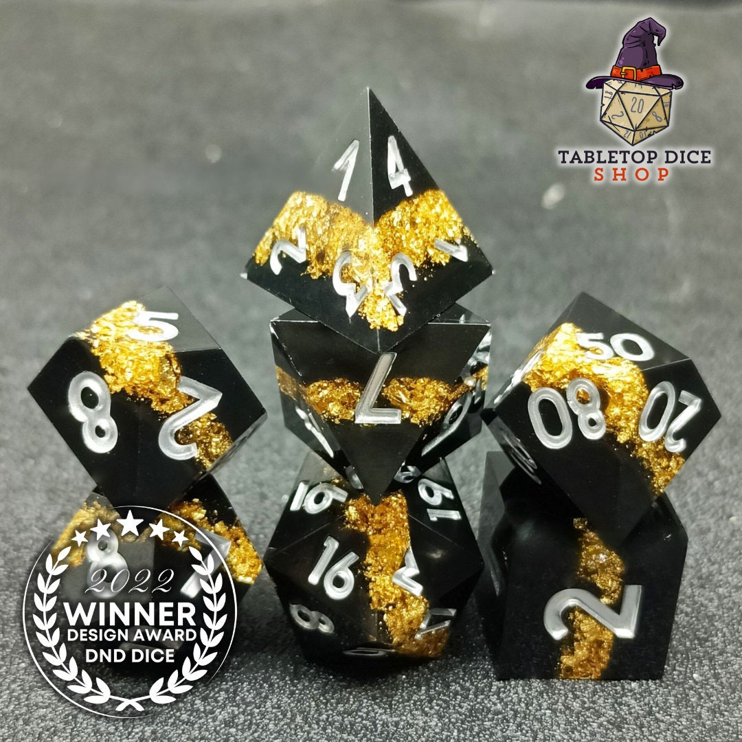 Golden Luxury Resin Black DND Dice Set D20 D12 D8 D6 Sharp Edge Resin ...