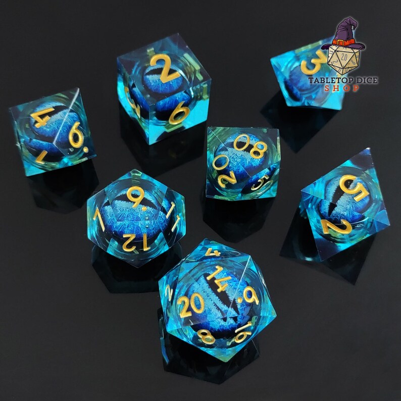 Green & Blue Dragon's Eye Liquid Core DND Dice Set Sharp Edge Resin ...