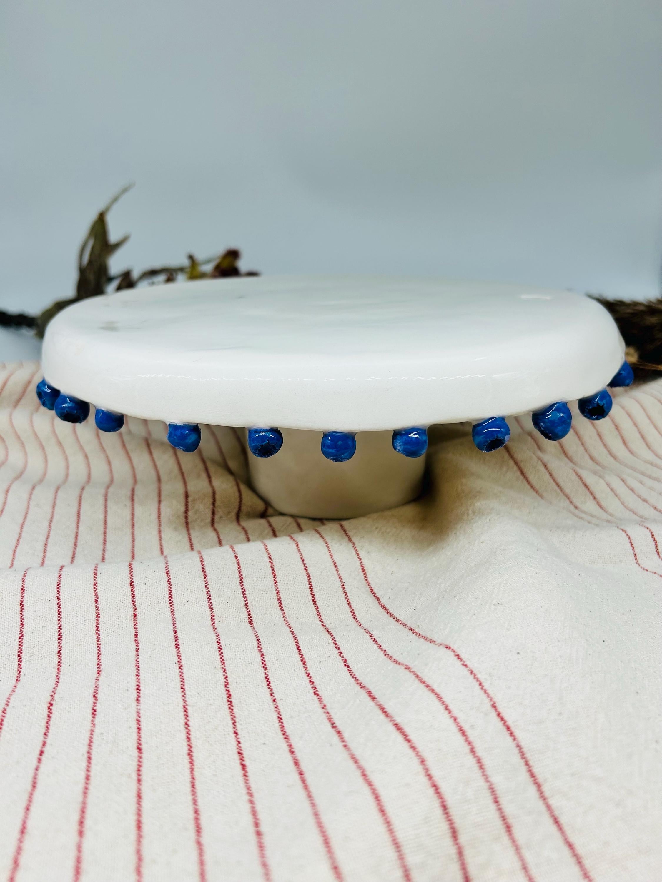 Handmade Ceramic Cake Stand – Blueberry Design – White Pottery Server ...