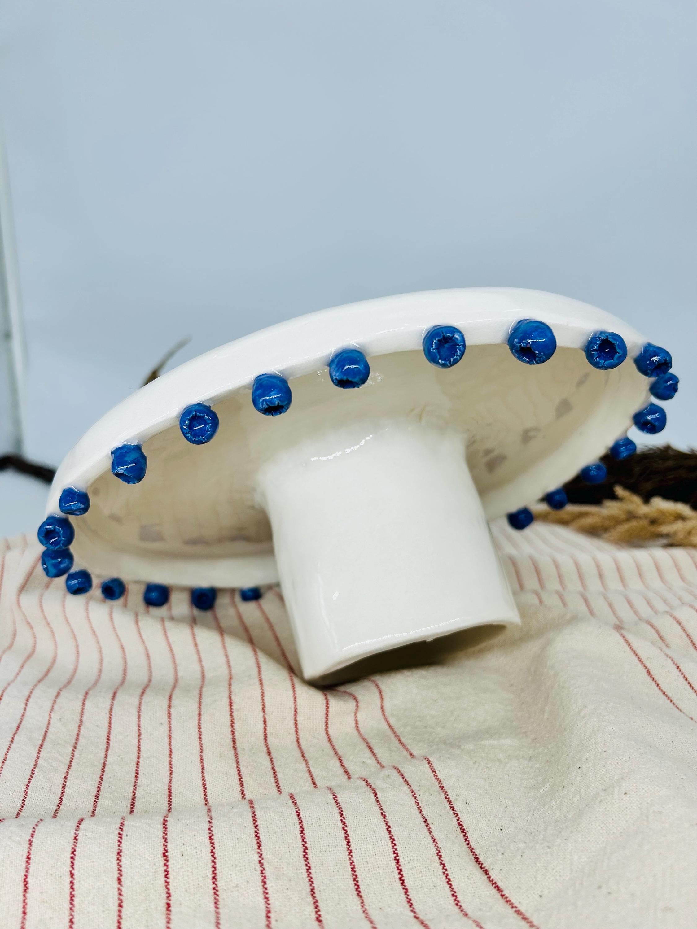 Handmade Ceramic Cake Stand – Blueberry Design – White Pottery Server ...