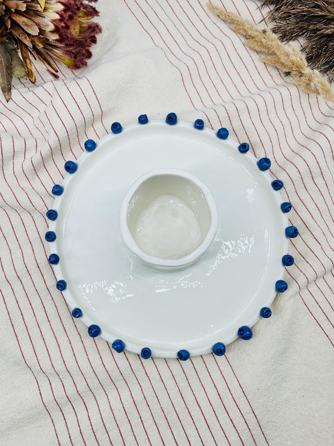Handmade Ceramic Cake Stand – Blueberry Design – White Pottery Server ...