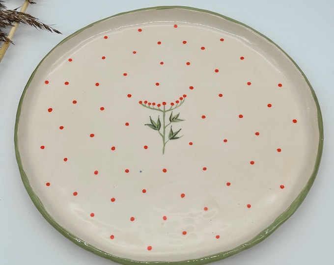 Handmade Ceramic Plate – Flower and Red Dots – Whimsical Dinnerware ...