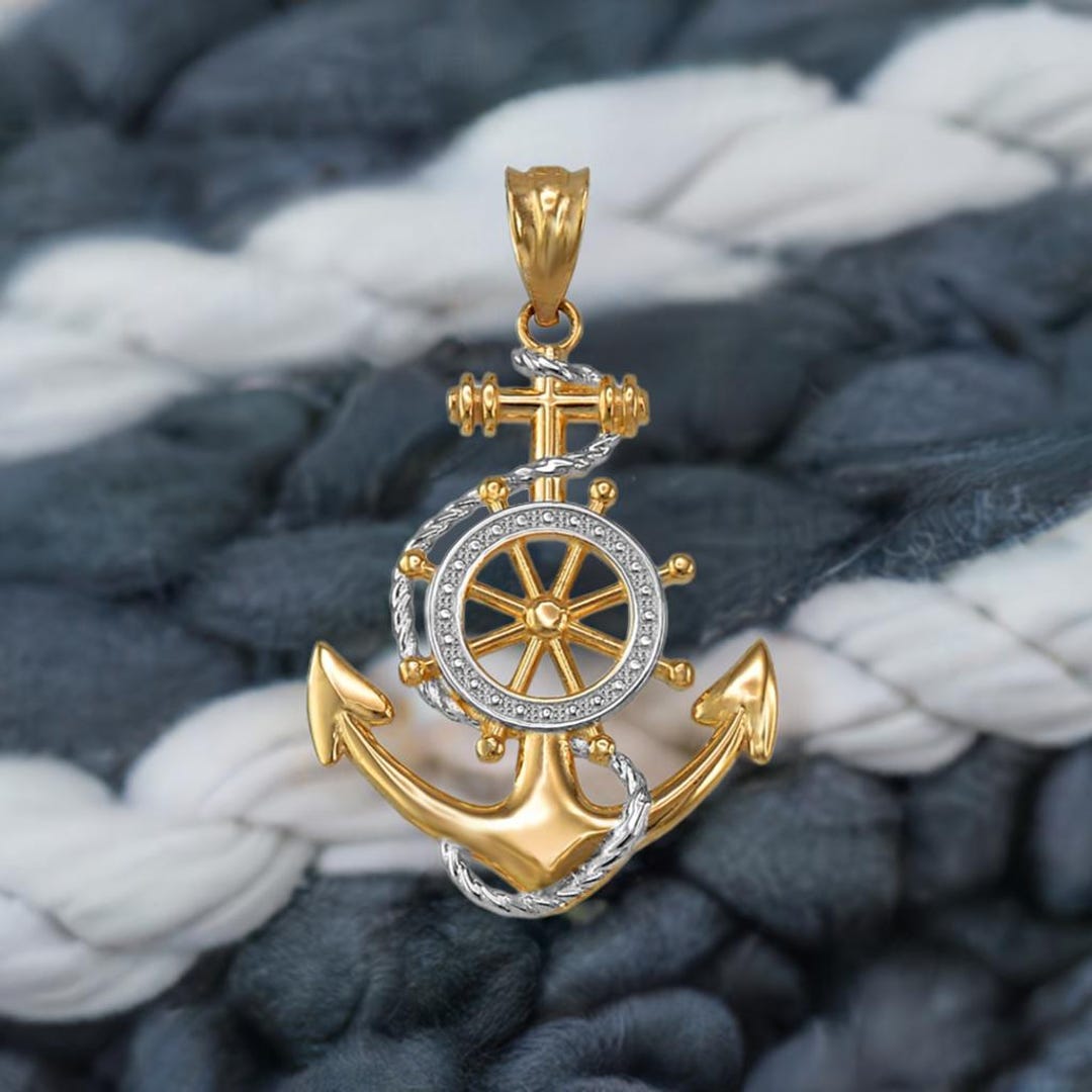 Gold Nautical Wheel & Anchor Pendant Necklace | 10k, 14k Yellow, White ...