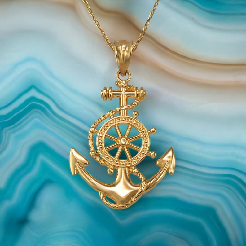 Gold Nautical Wheel & Anchor Pendant Necklace | 10k, 14k Yellow, White ...