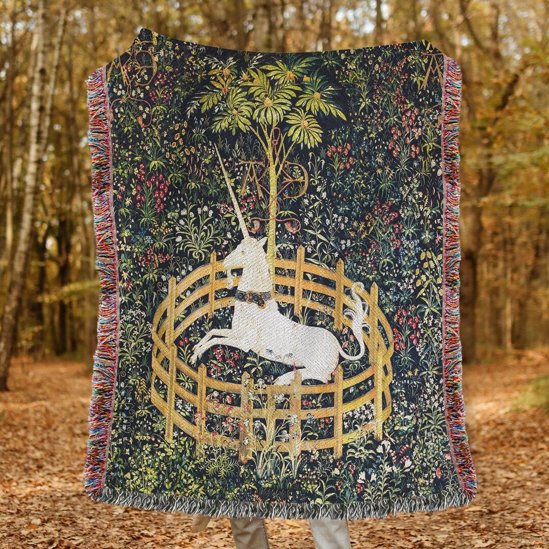 Medieval Unicorn Woven Throw Blankets, Unicorn in Captivity ...
