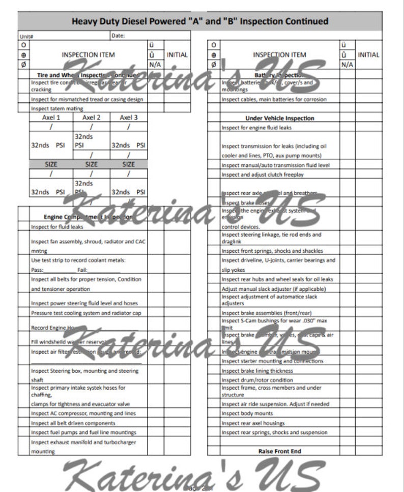 Heavy Duty Diesel Powered 'A' and 'B' Inspection Worksheet - Etsy