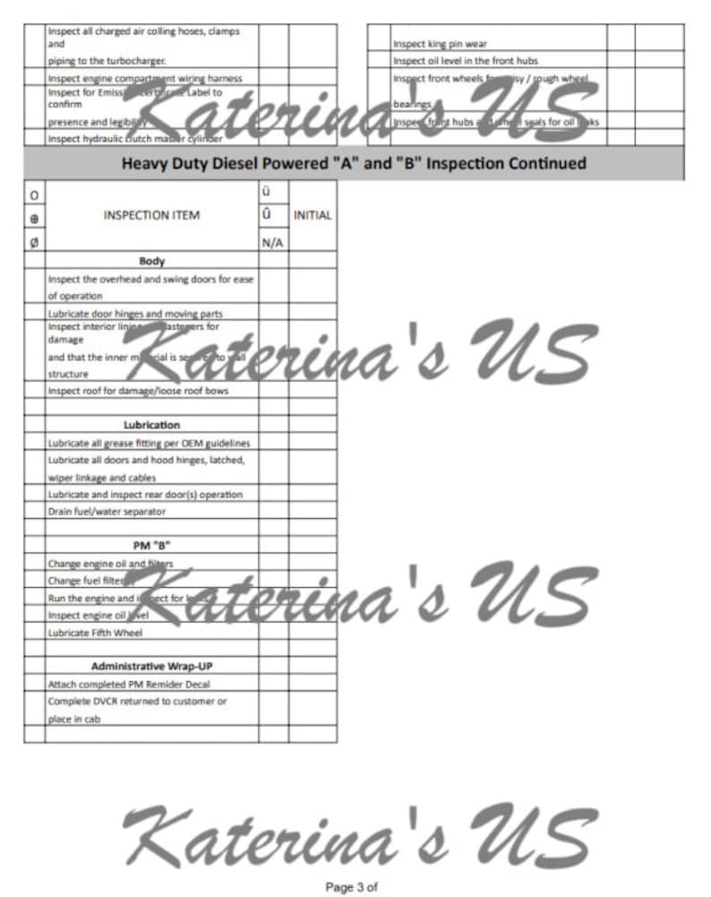 Heavy Duty Diesel Powered 'A' and 'B' Inspection Worksheet - Etsy