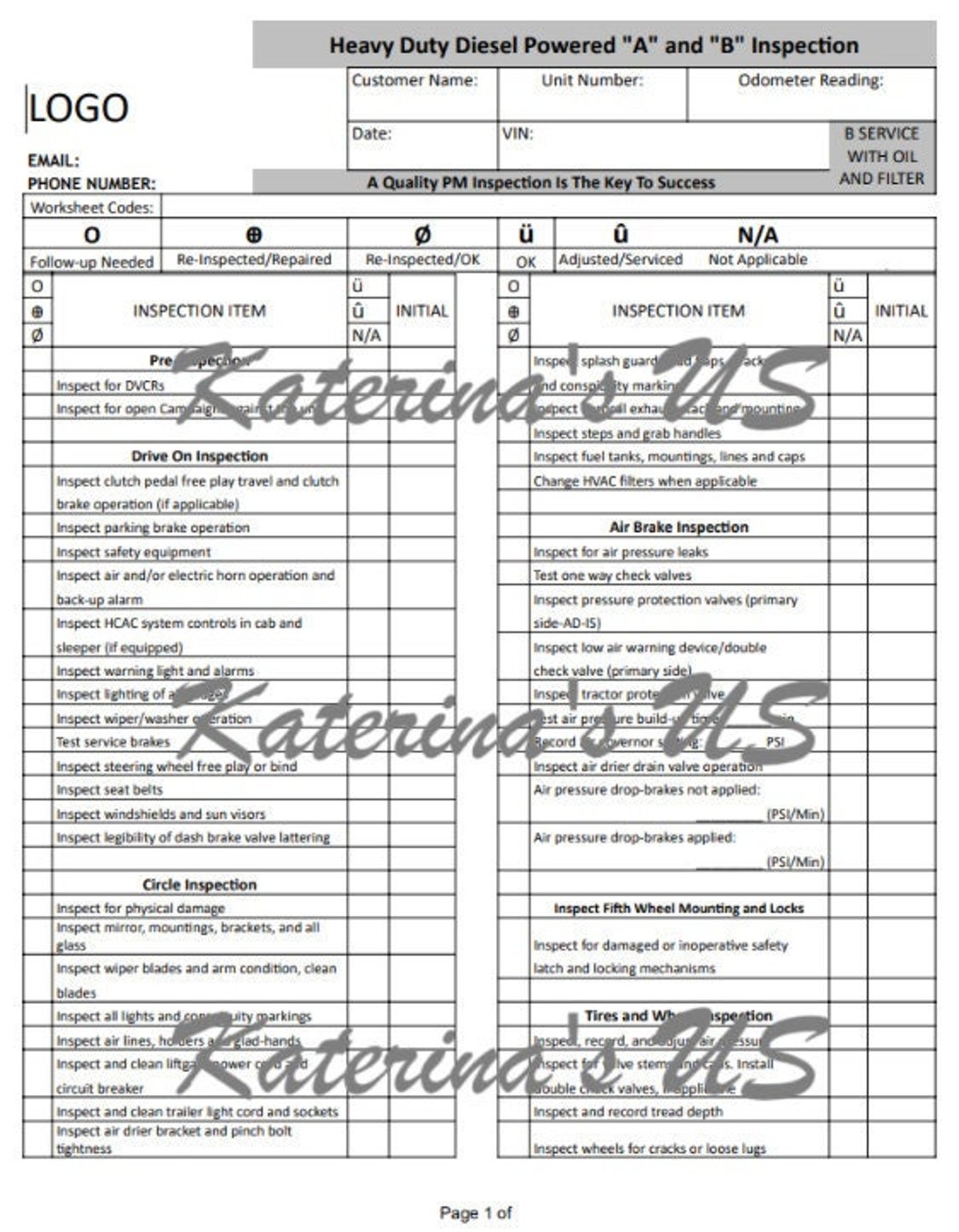 Heavy Duty Diesel Powered 'A' and 'B' Inspection Worksheet - Etsy