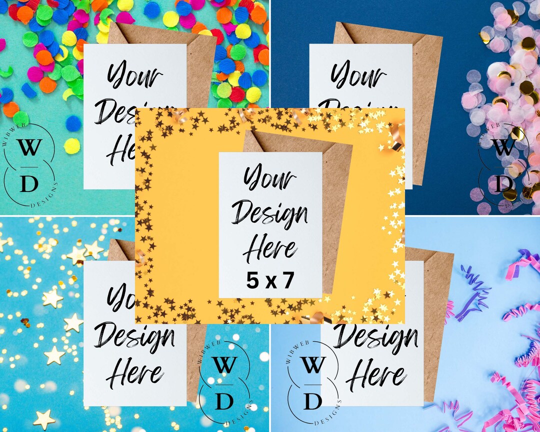 5 Birthday Party Card Mockups, 5x7 Greeting Card Digital Backgrounds ...