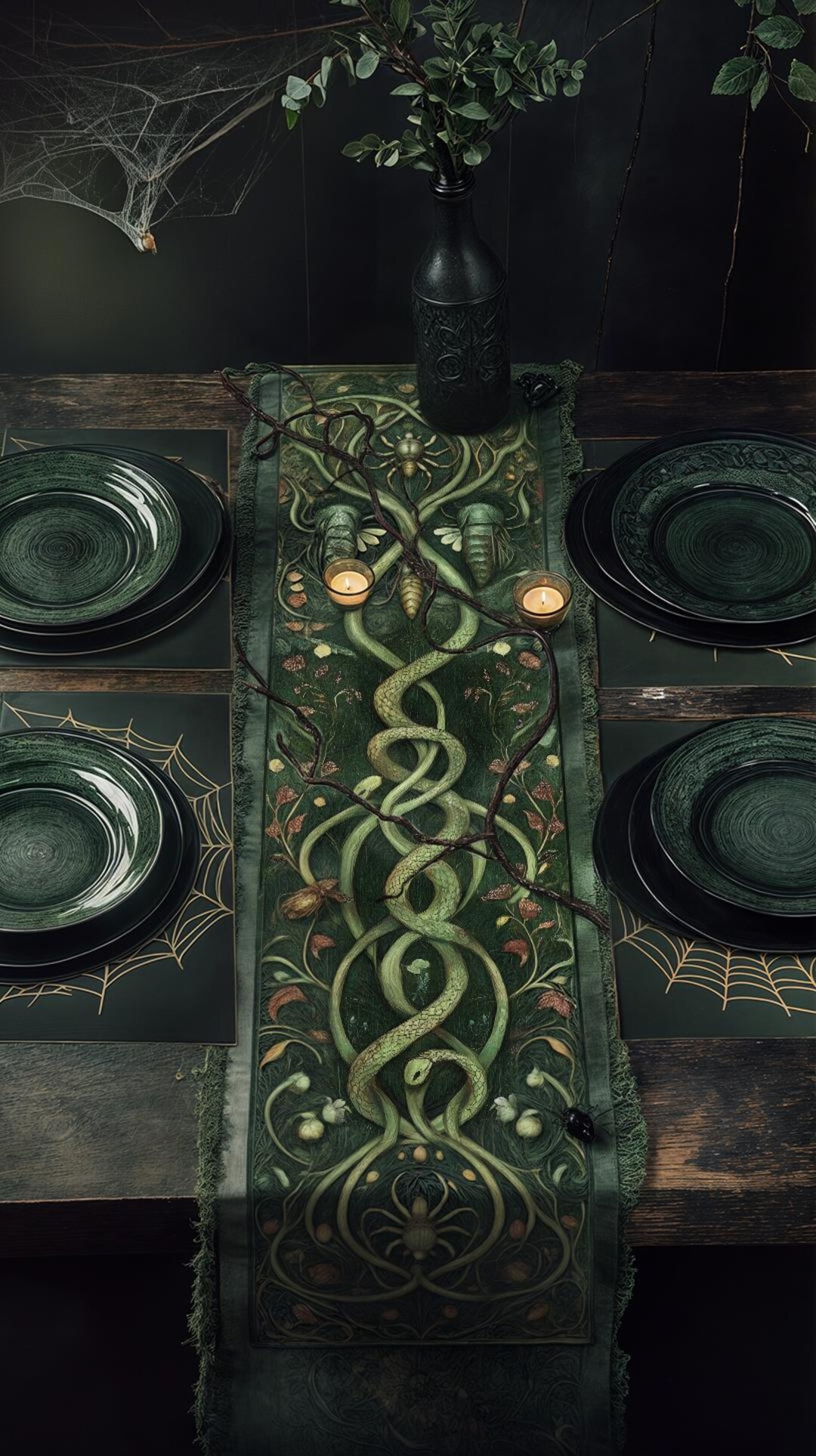 Green Haunted Forest Table Runner & Green Spiderweb Placemat | Gothic ...