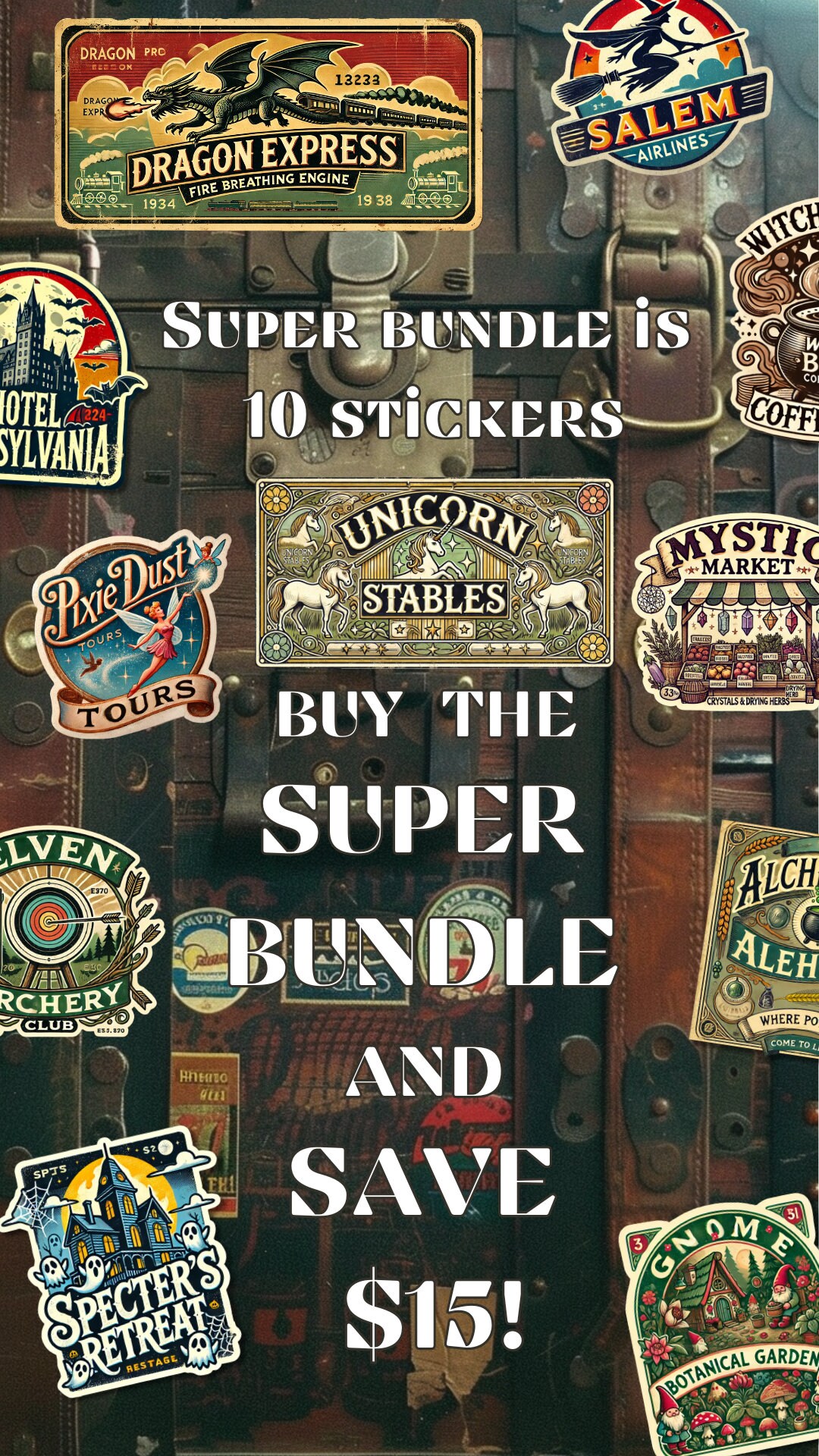 STICKER BUNDLES- Vintage Steamer Trunk Labels- Magic Travel Vinyl Kiss ...