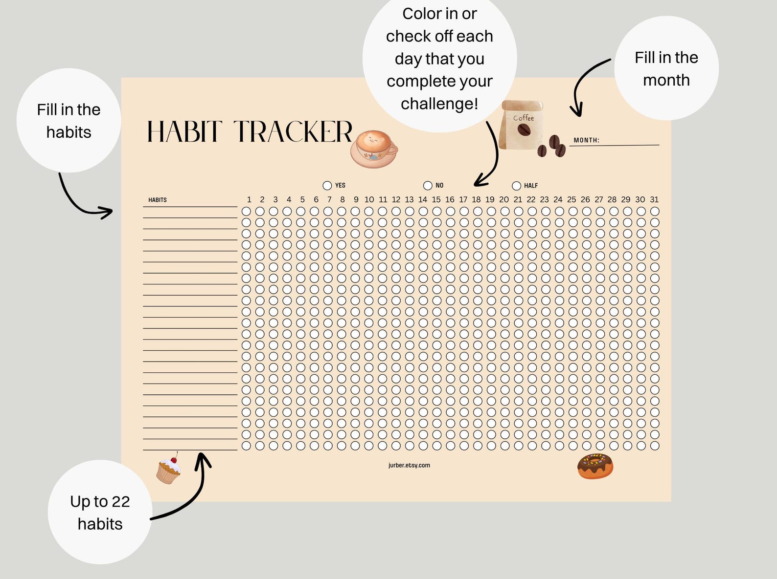Monthly Habit Tracker Printable, Habit Tracker Digital Template ...