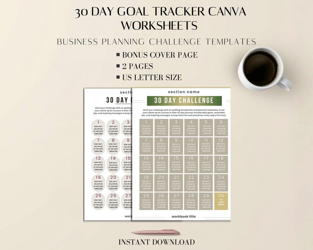 30 Day Goal Tracker Canva Worksheets | Business Planning Challenge ...