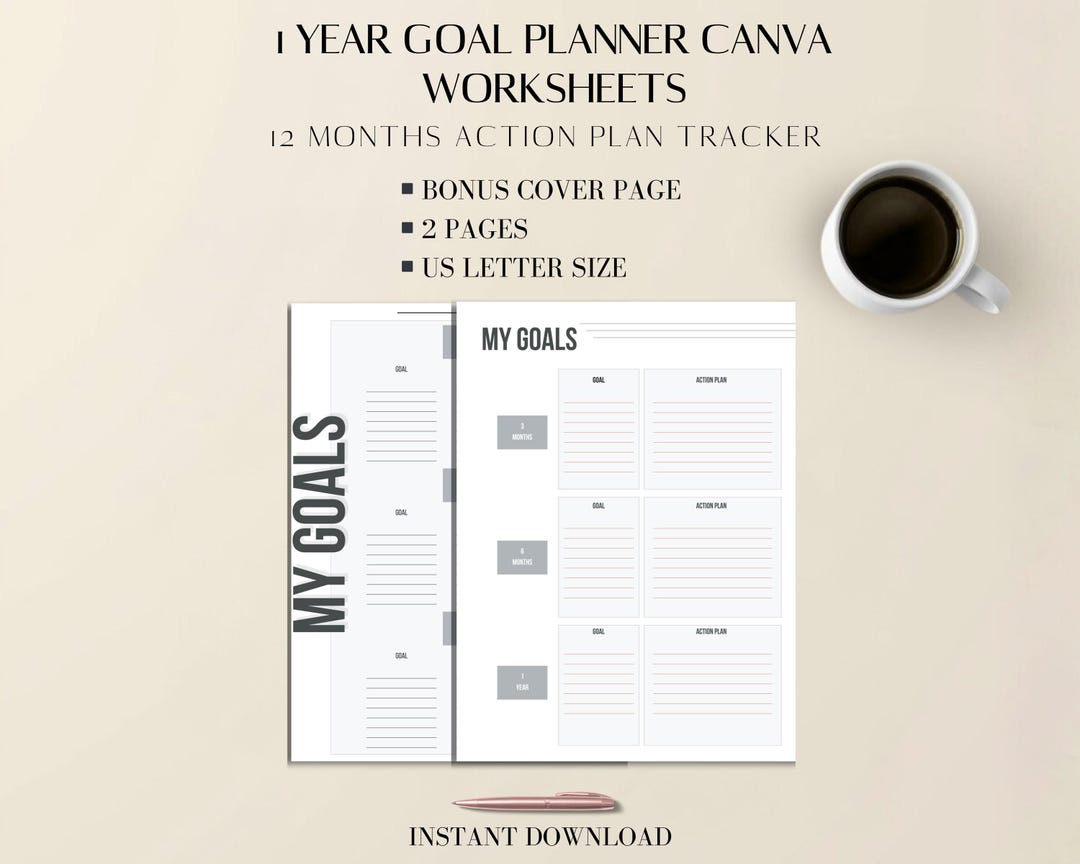 Goal Planner Canva Template: 12 Month Action Plan US Letter PDF - Etsy