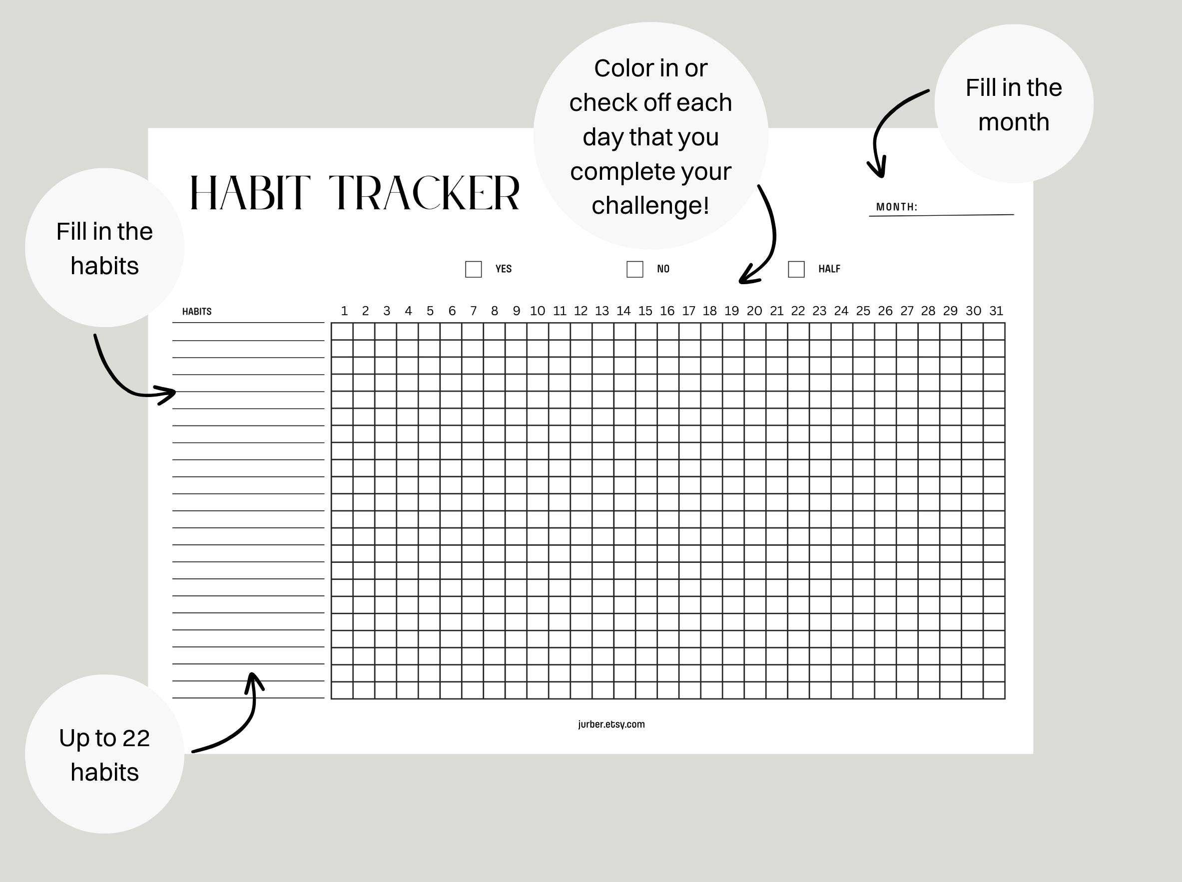 Monthly Habit Tracker Printable, Habit Tracker Digital Template ...