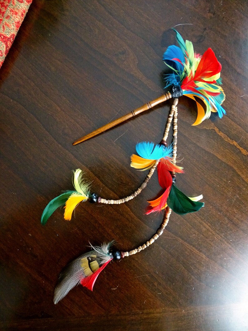 Colorful Feather Hair Stick With Natural Coconut Breads, Hair Pin, Wood ...