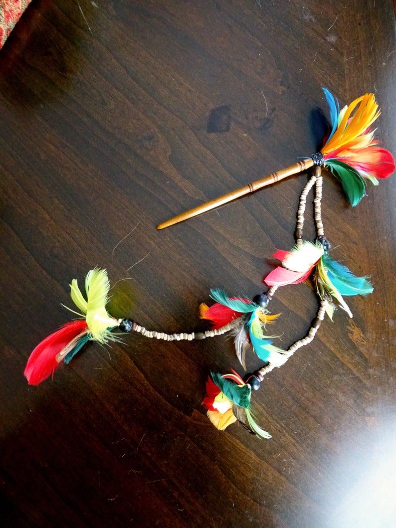 Colorful Feather Hair Stick With Coconut Beads, Tribal Hair Stick, Hair ...