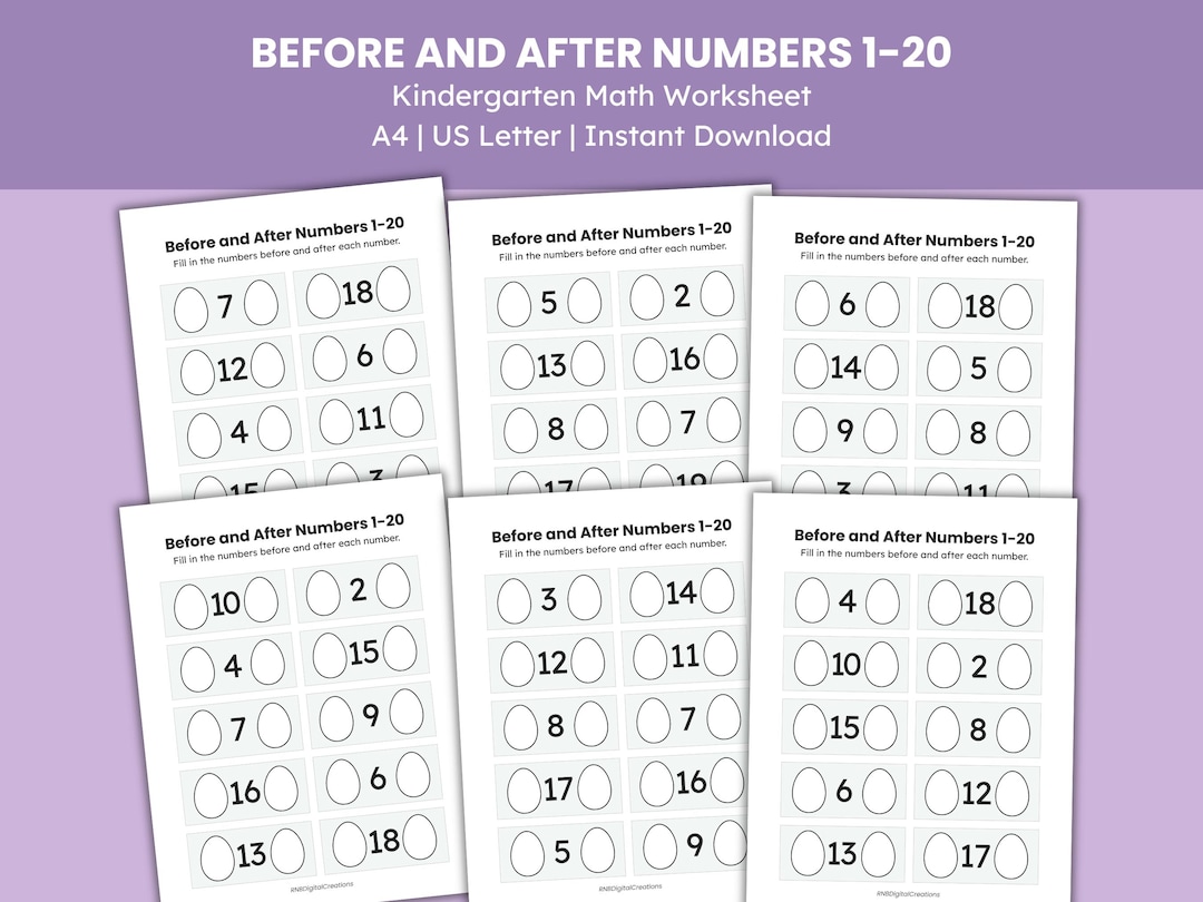Before and After Numbers 1-20 Worksheets for Kindergarten | Number ...