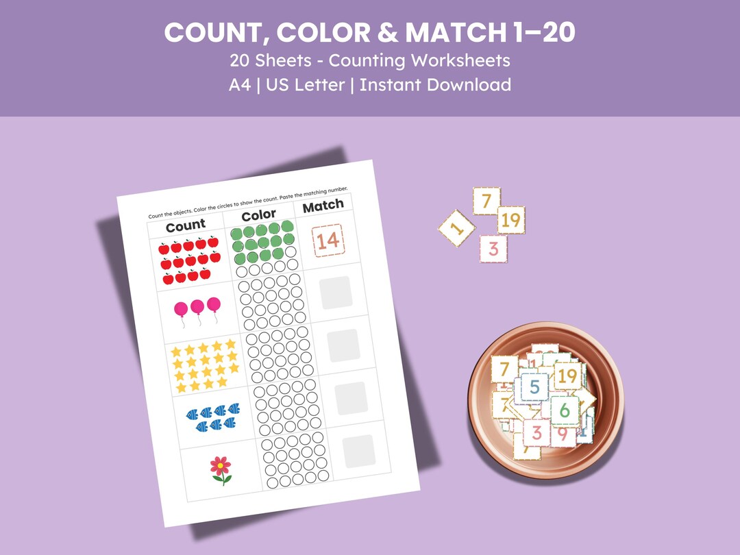 Count Color Match Numbers 1–20 Printable | Preschool Counting ...