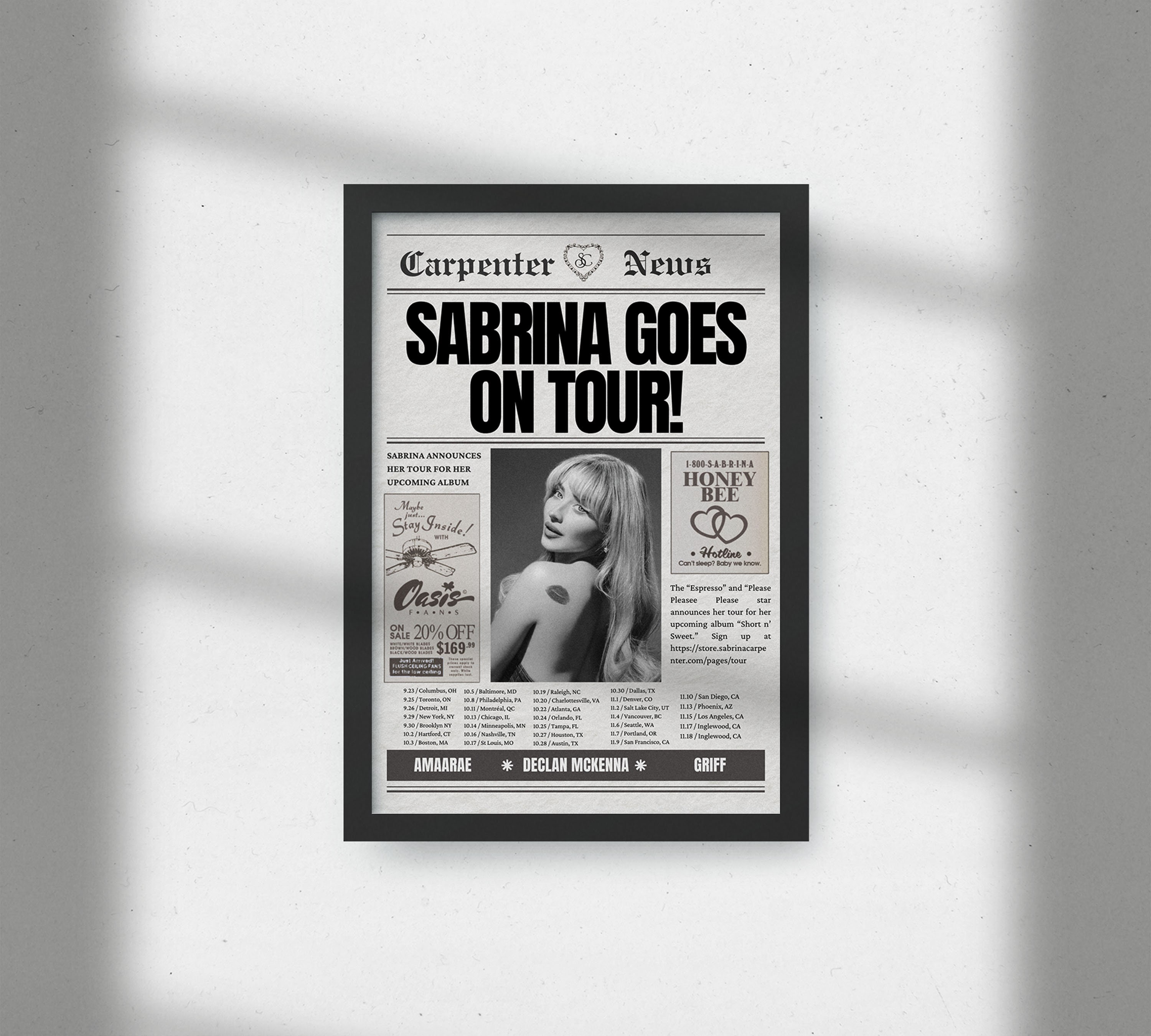 Sabrina Carpenter Short N' Sweet Tour Poster Newspaper US Dates - Etsy