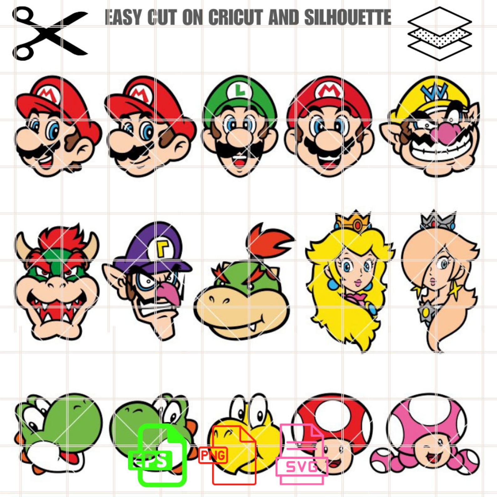 Super Mario Heads Bundle Svg, Mario Characters Svg, Super Mario Svg ...