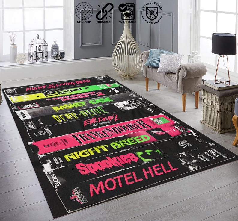 Classic Horror Movies Rug, Nostalgic Retro Style Rug, VHS Case Themed ...