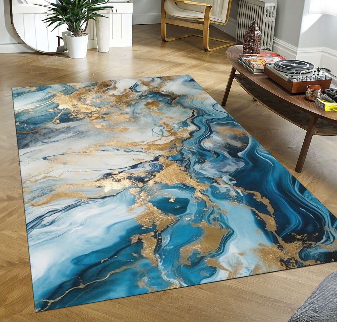 Modern Marble Rugs Blue and Gold Marble Rug, Blue Marble Rug ...