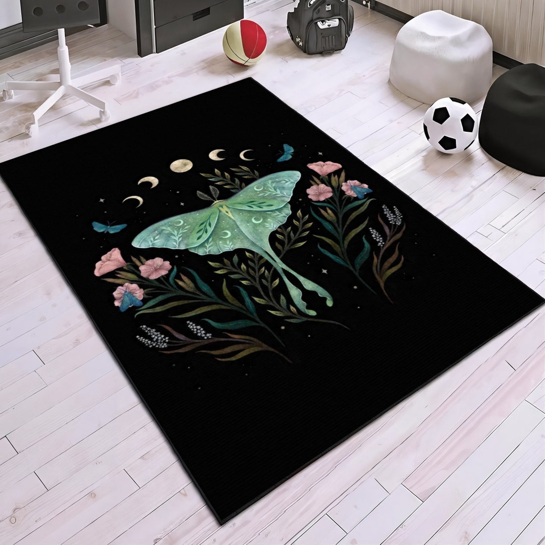 Elegant Moth Round Rug, Botanical Design Rug, Moonlit Garden Rug, Moon ...