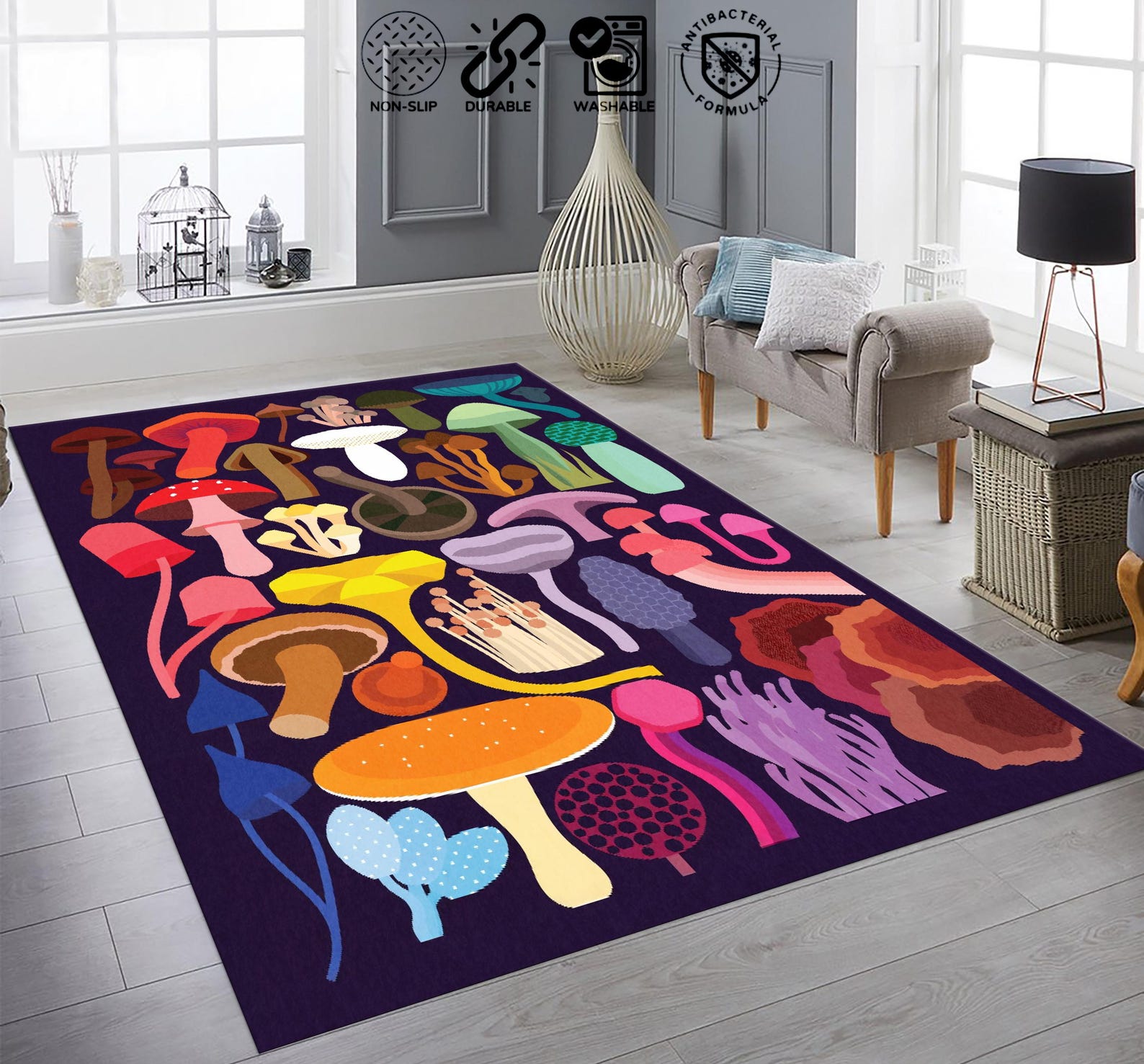 Mushroom Rug, Mushroom Print Decor, Modern Rug, Mushroom Pattern Rug ...