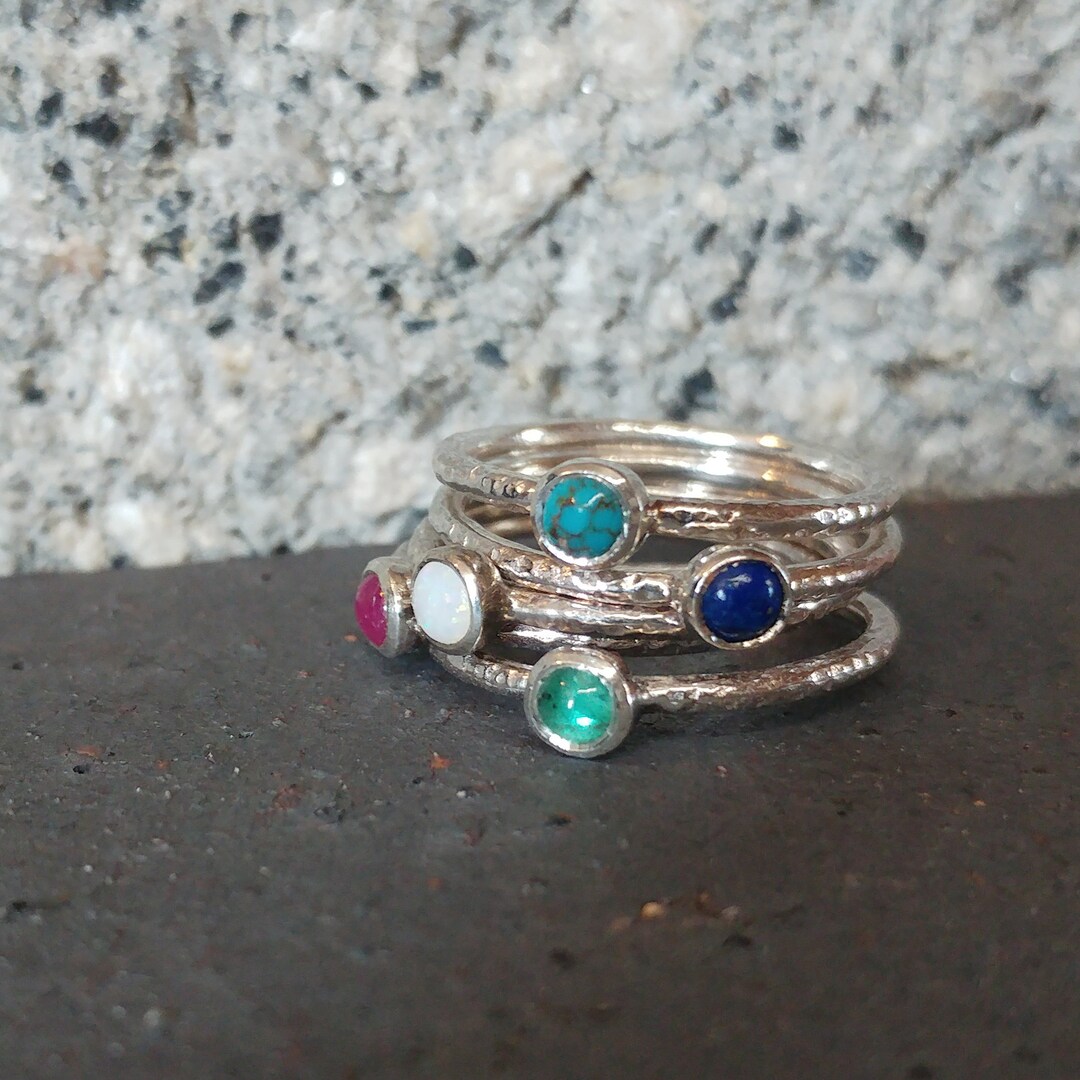Silver Hammered Gemstone Ring Stack - Etsy