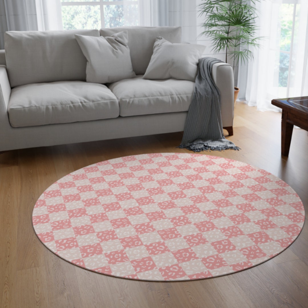 60 X 60 Unique Pink Checkered Cheetah Print Round Rug Stylish Bedroom ...
