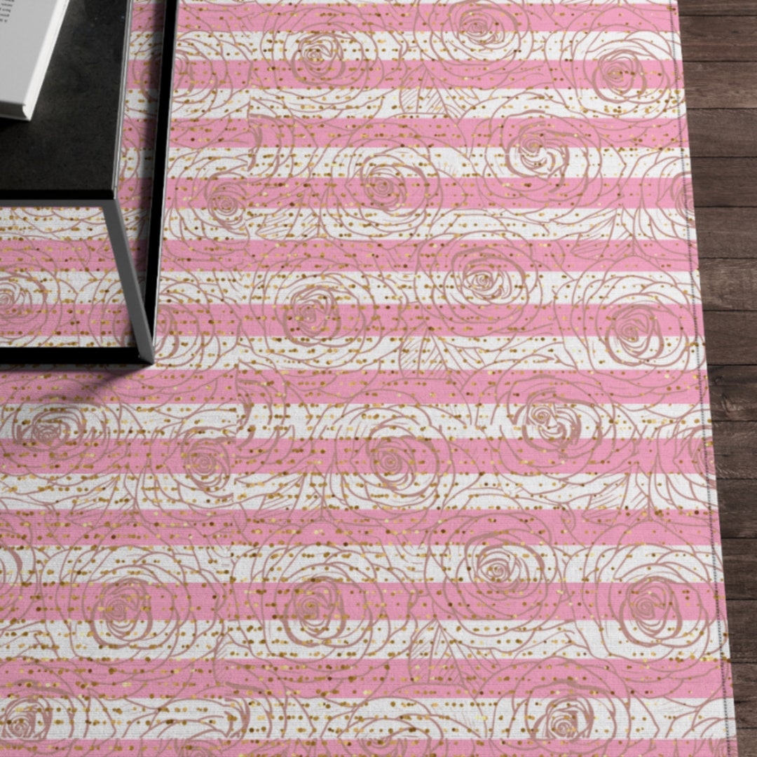 48 X 72 Pink Striped and Gold Rose Area Rug Elegant Floral Accent for ...