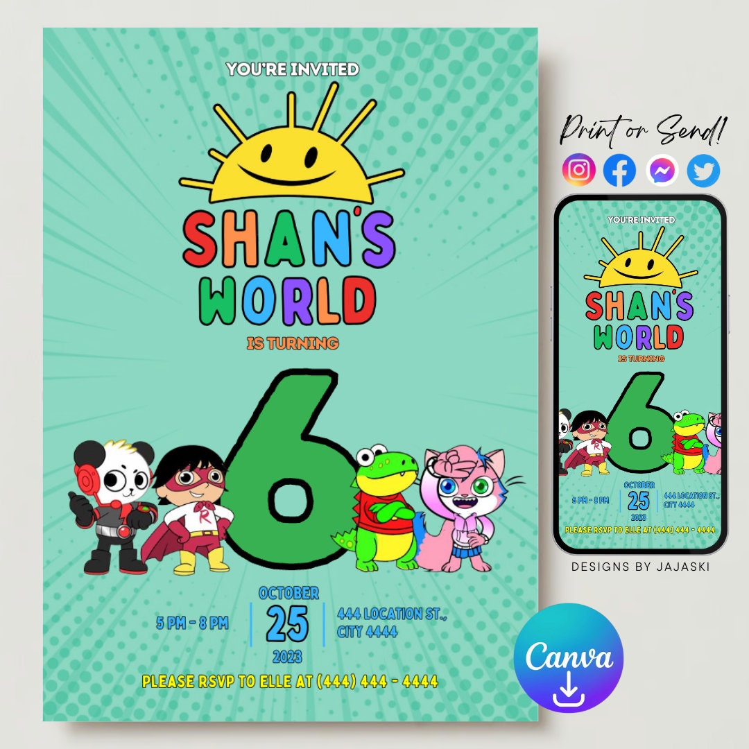 Ryan's World Green Birthday Invitations, Ryan's World Birthday Party ...