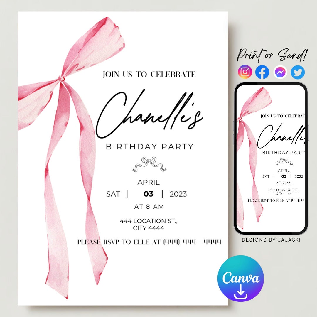 Coquette Birthday Invitation, Pink Bow, Coquette Birthday Decorations ...