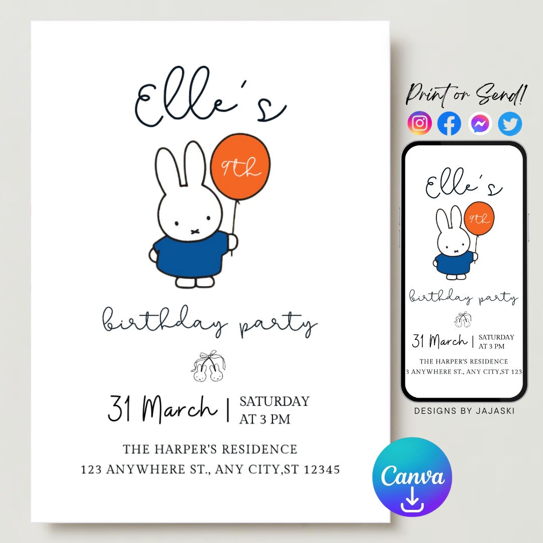 Miffy Birthday Party Invitation, Bunny Birthday Party Invite, Digital ...