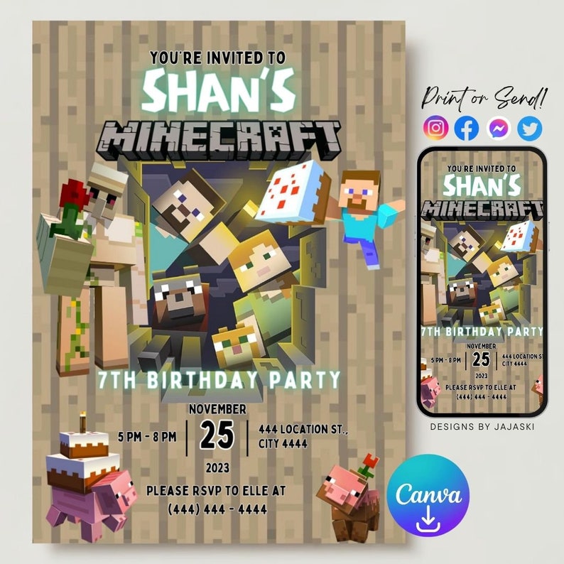 Minecraft Birthday Party Invitation, Minecraft Party Theme, Minecraft ...