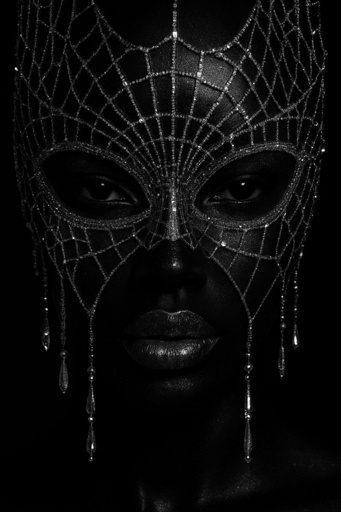 Midnight Veil, Sparkling Masked Face, Diamond Mask | Black Art Print ...