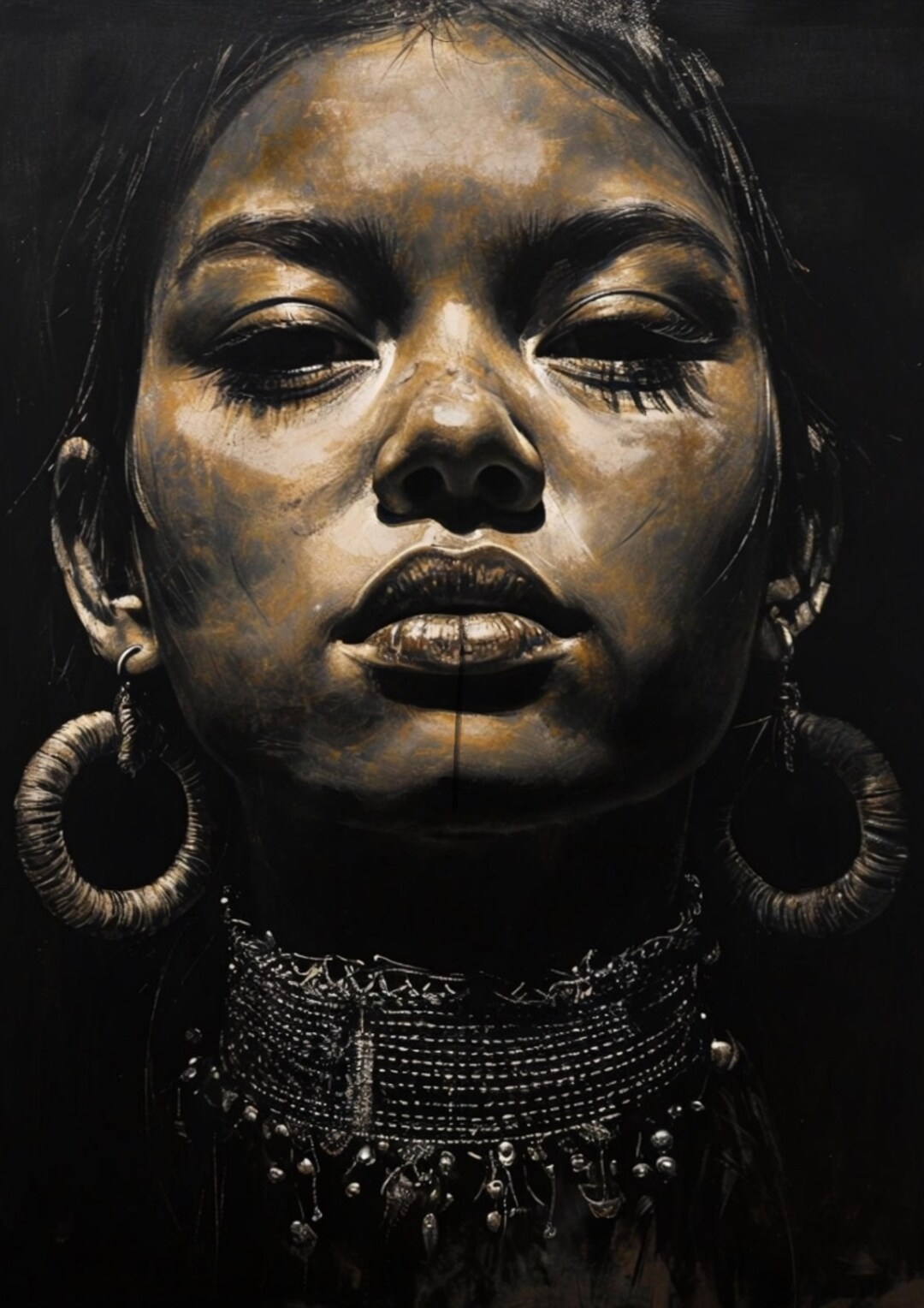 Native American Woman Portrait ,golden Adornment | Chiaroscuro Figure ...