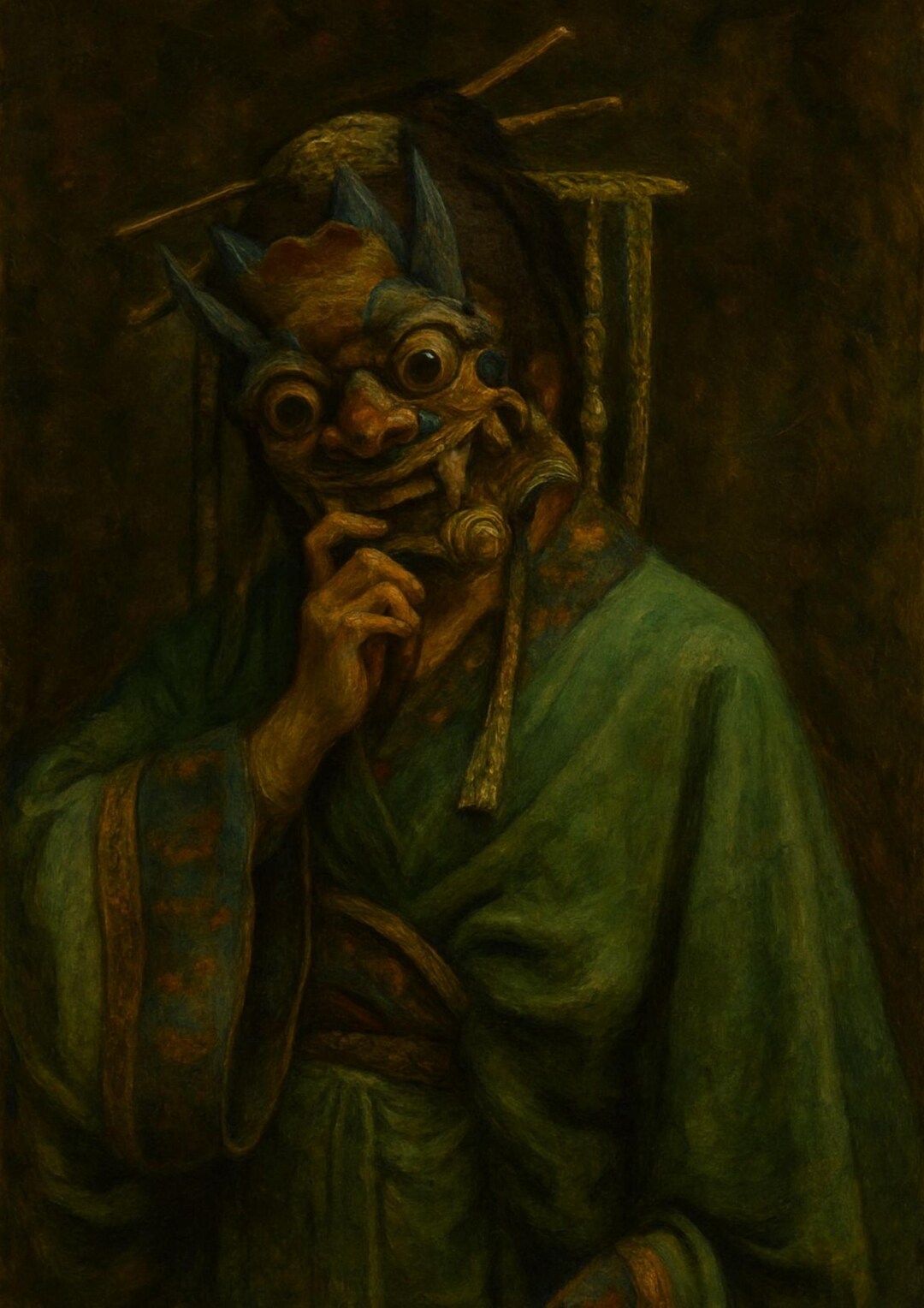 Portrait in Traditional East Asian Attire With Elaborate Mask, Digital ...
