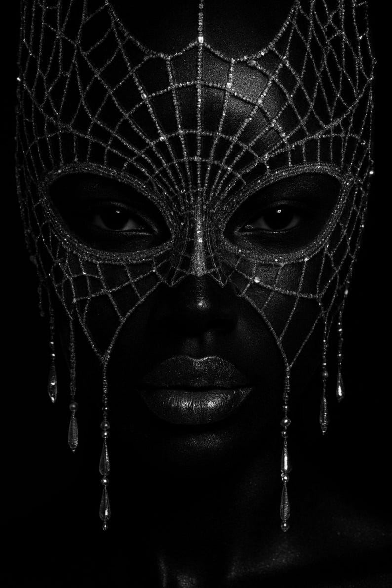 Midnight Veil, Sparkling Masked Face, Diamond Mask | Black Art Print ...