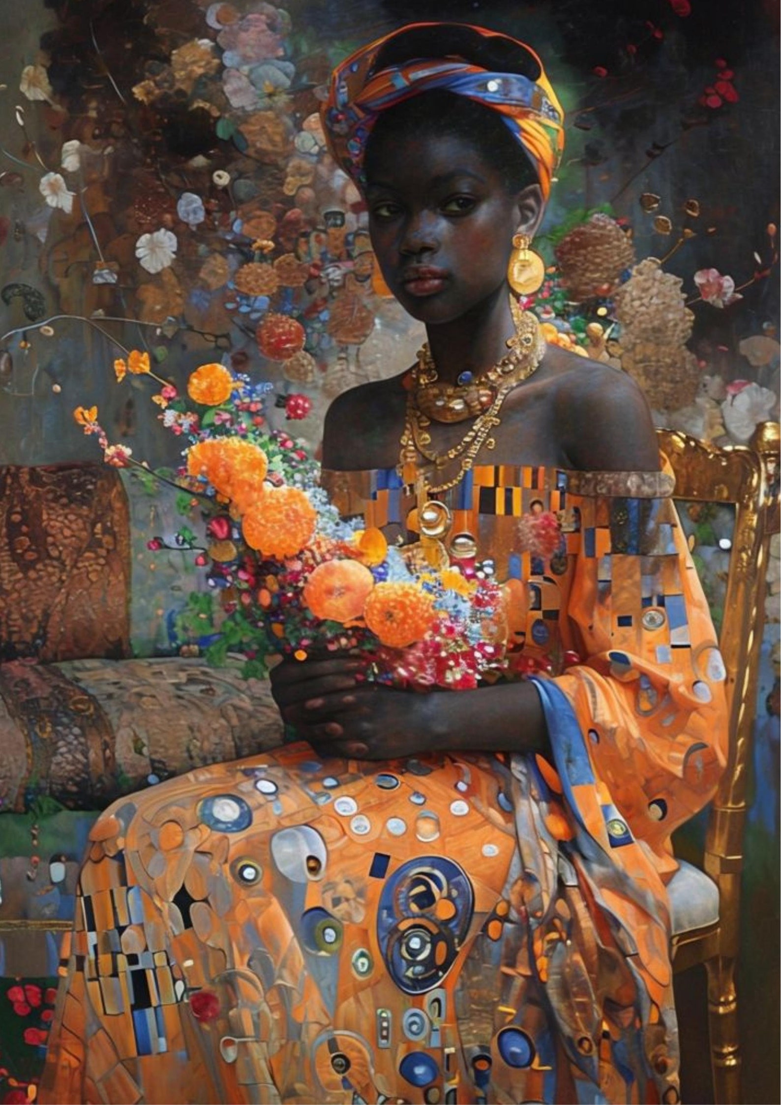 African Women, Girl With Flowers, Gustav Klimt Style, Black Woman Wall ...