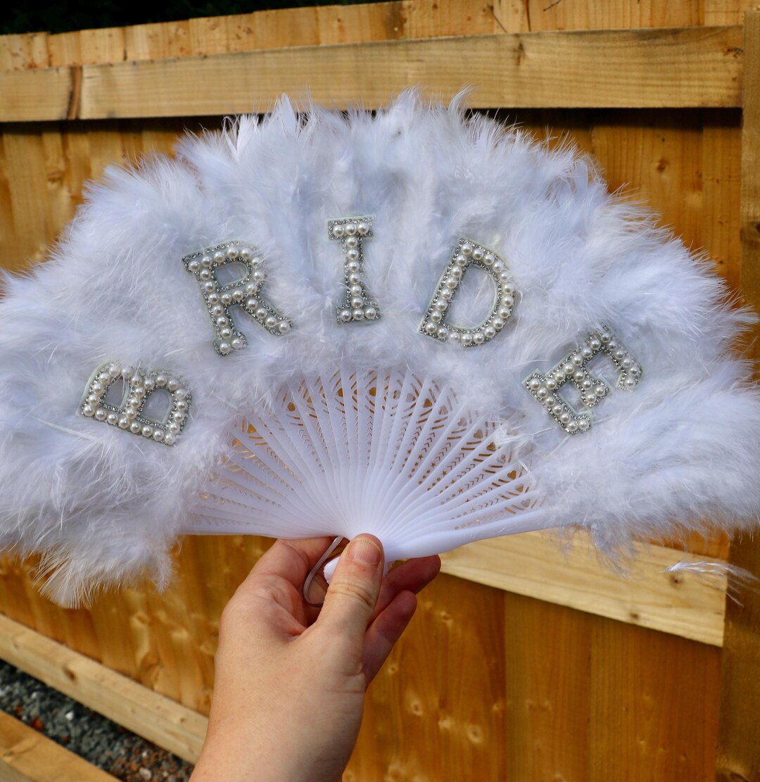 Personalised BRIDE White Fluffy Fan With Pearl Lettering - Perfect Gift ...
