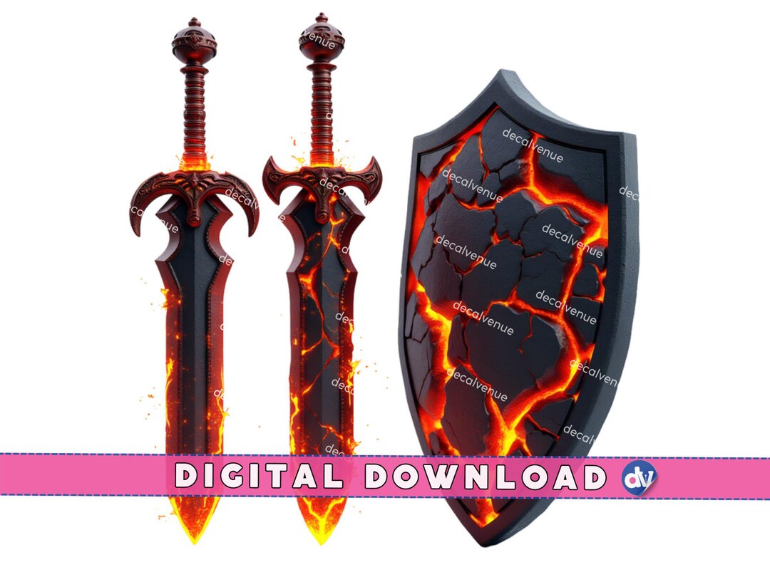 Molten Lava Sword and Shield Clipart: Fantasy Gaming PNG (digital ...