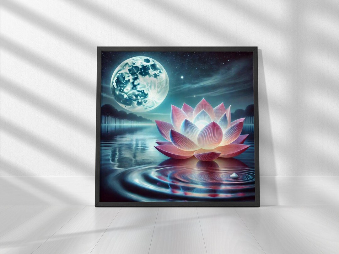 Moonlit Lotus Flower Art Print: Dreamy Night Sky Reflection (digital ...