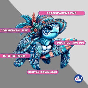 Sea Turtle in Summer Beach Hat With Surfboard PNG Digital Download ...